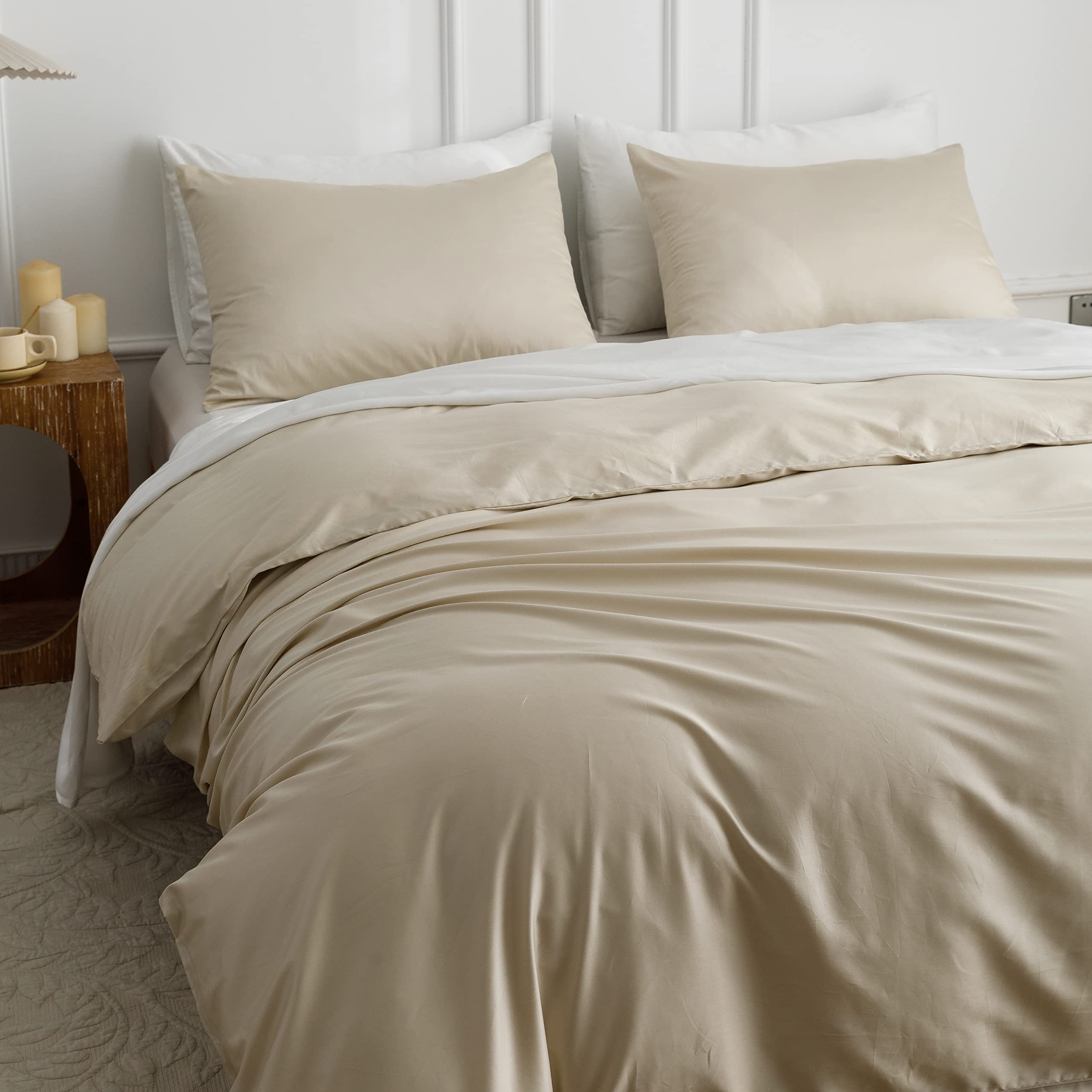 HeimenAogo Egyptian Cotton Duvet Cover Queen Size Sateen Weave, Silky Soft and Breathable Bedding Set with Zipper Closure, Long Staple Cotton Bed Linen (Linen Grey) 3Pcs