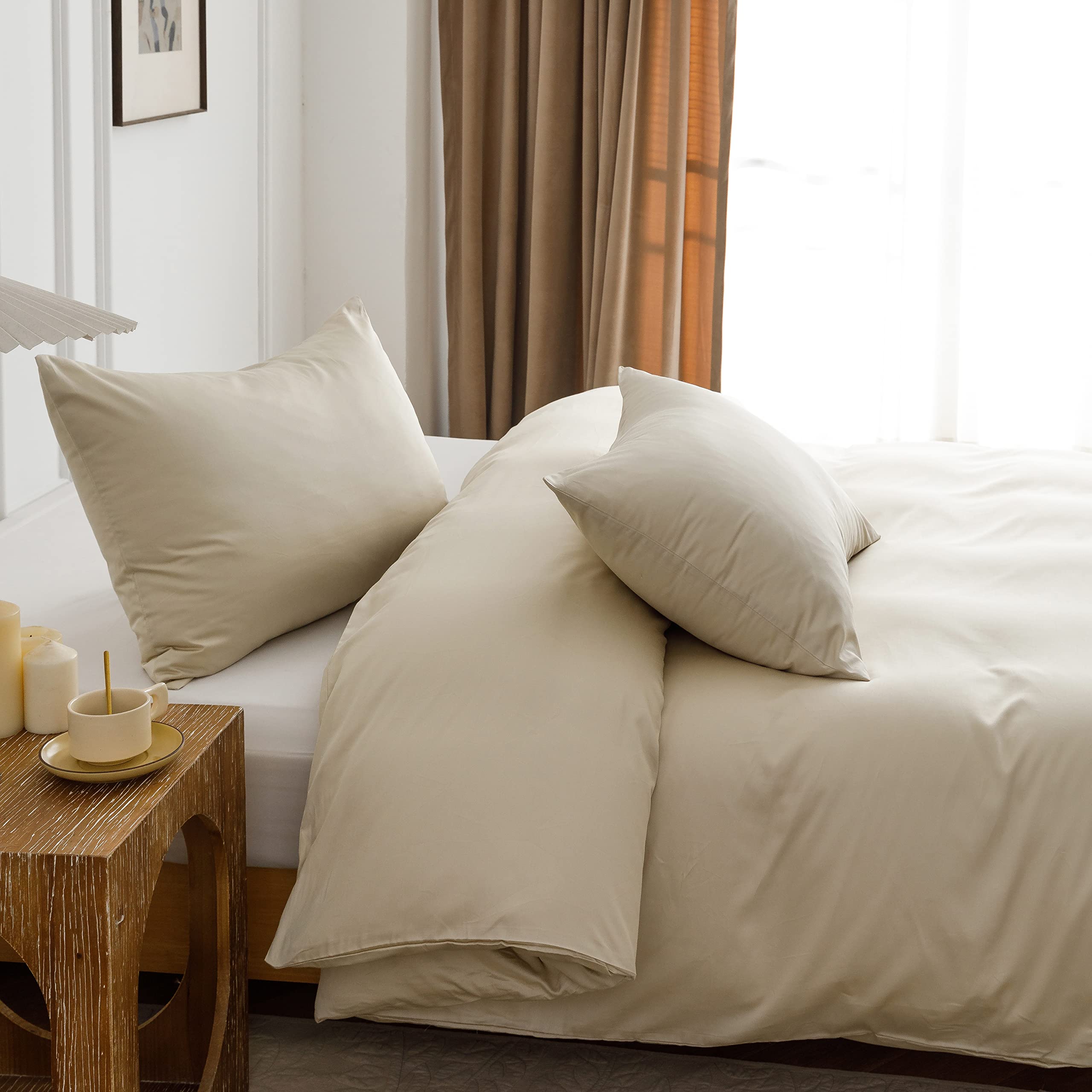 HeimenAogo Egyptian Cotton Duvet Cover Queen Size Sateen Weave, Silky Soft and Breathable Bedding Set with Zipper Closure, Long Staple Cotton Bed Linen (Linen Grey) 3Pcs