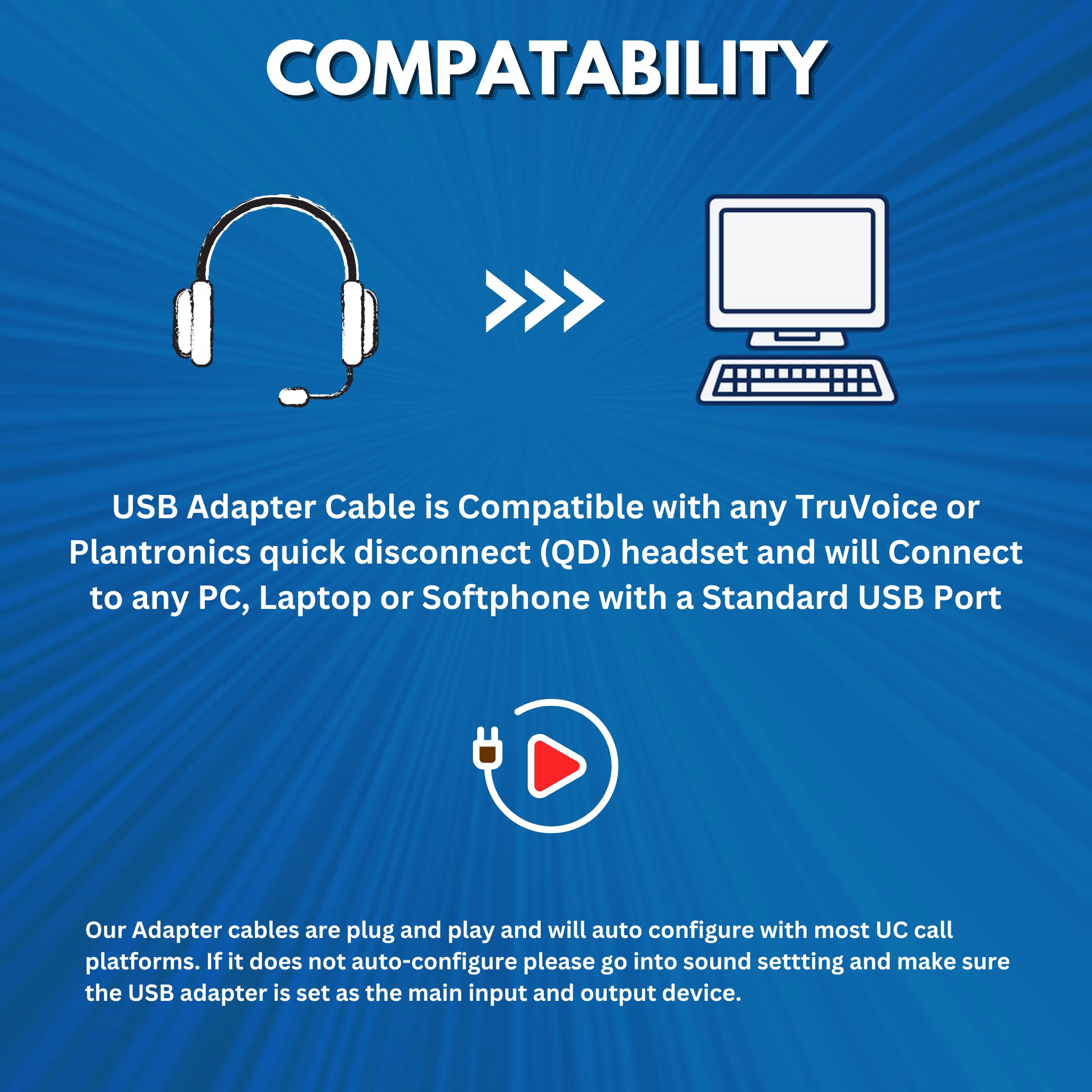 TruVoice USB-A to QD Adapter Cable Compatible with Any Plantronics Wired Headset with a QD and Includes Volume Control and Mute Functionality (Connects Headset to PC, Laptop and Softphones)