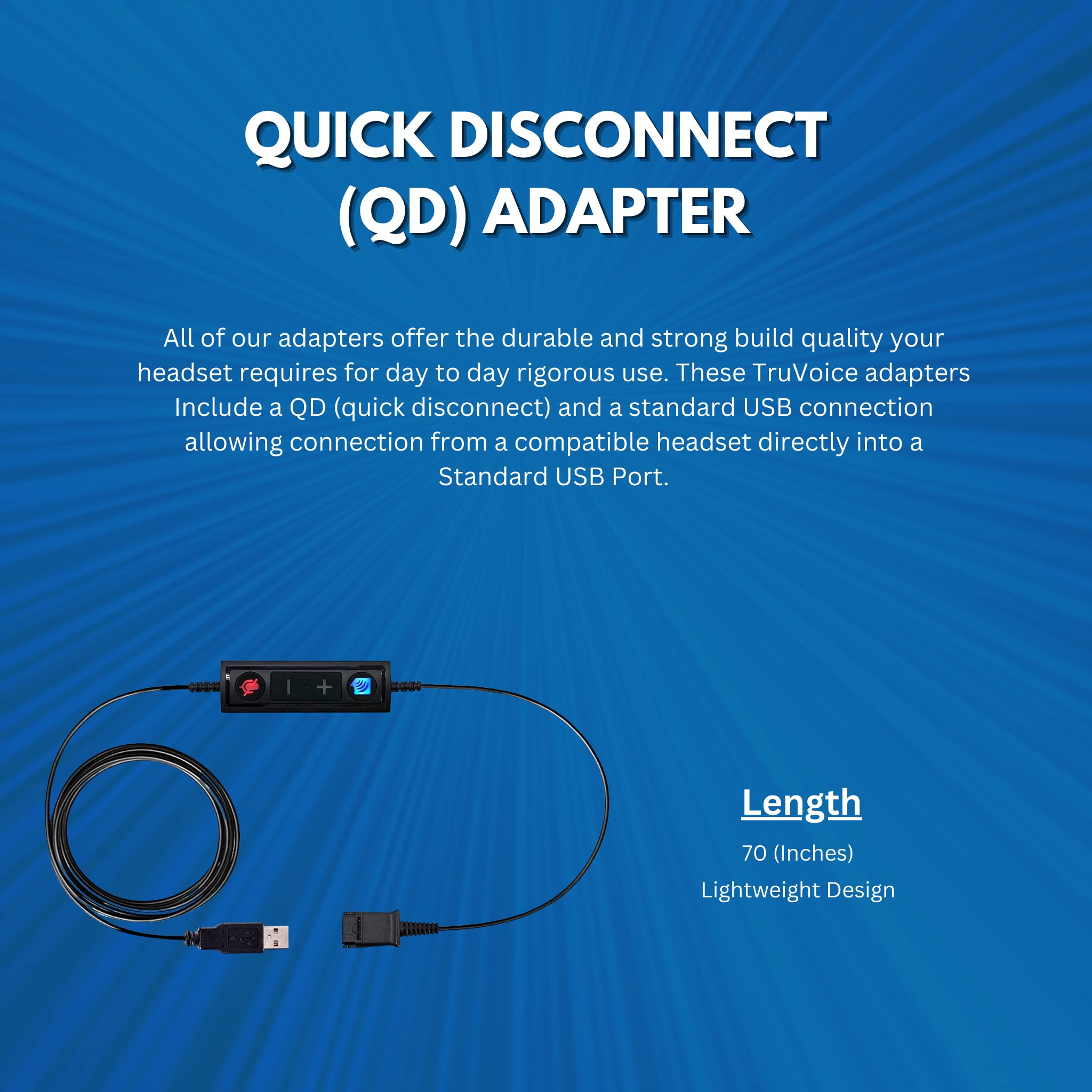 TruVoice USB-A to QD Adapter Cable Compatible with Any Plantronics Wired Headset with a QD and Includes Volume Control and Mute Functionality (Connects Headset to PC, Laptop and Softphones)