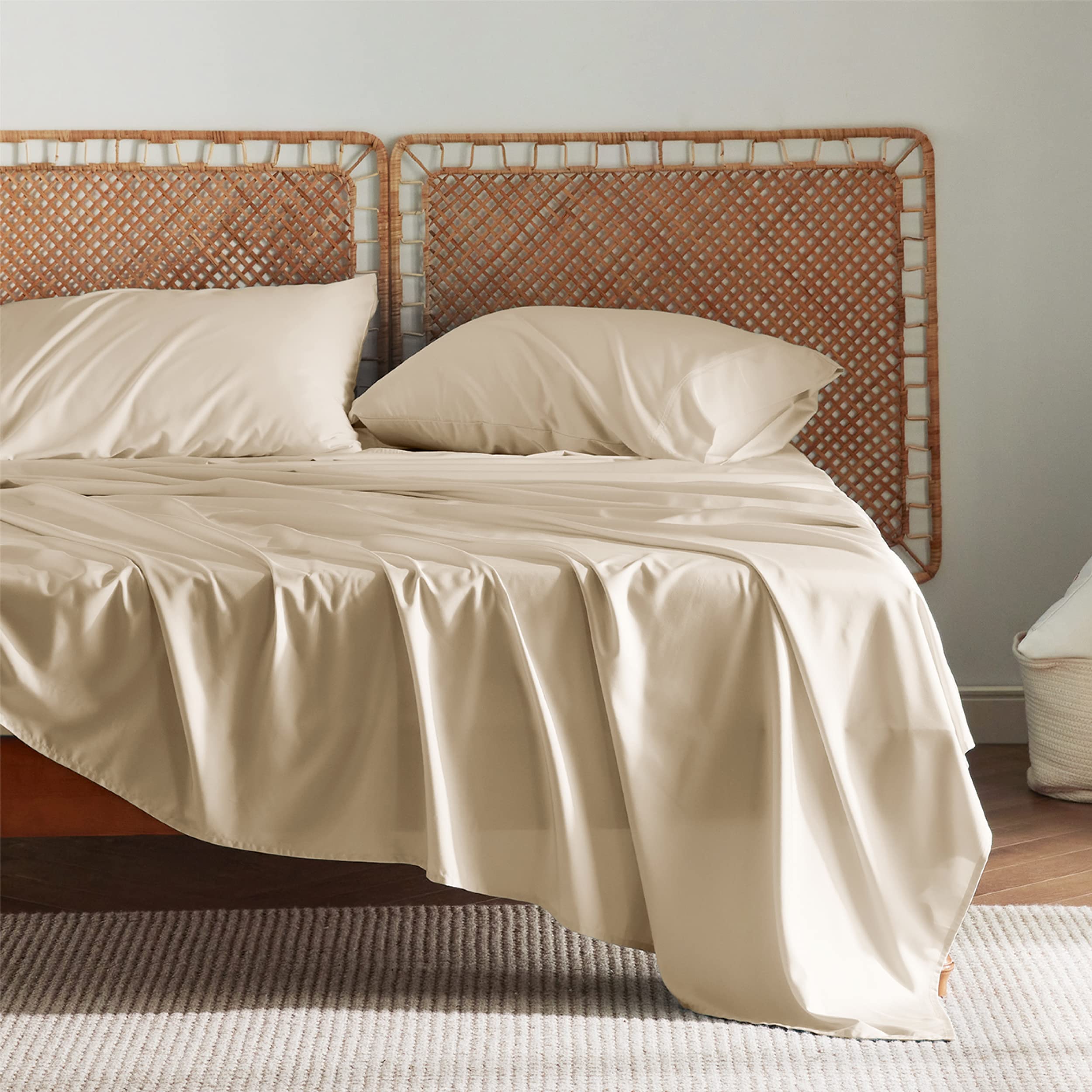 Bedsure California King Sheet Set, Cooling Sheets for Hot Sleepers, Rayon Derived from Bamboo, Breathable & Soft Deep Pocket Up to 16 Inches, Hotel Luxury Silky Bedding, Bedsheet & Pillowcases, Beige