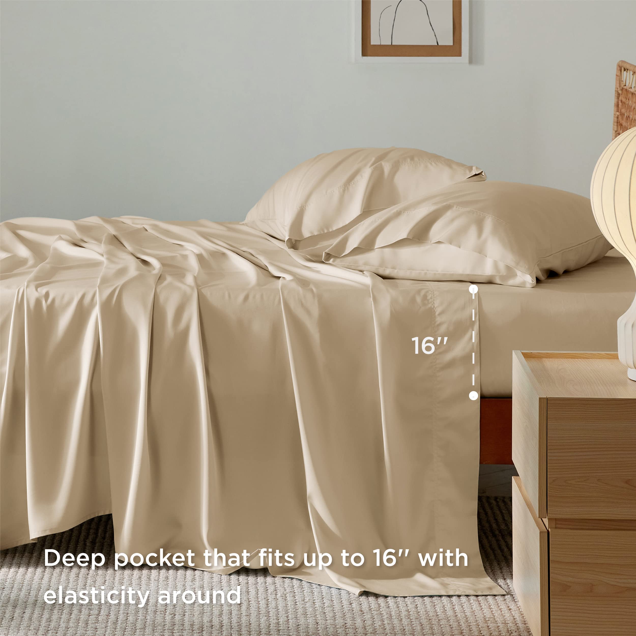 Bedsure California King Sheet Set, Cooling Sheets for Hot Sleepers, Rayon Derived from Bamboo, Breathable & Soft Deep Pocket Up to 16 Inches, Hotel Luxury Silky Bedding, Bedsheet & Pillowcases, Beige