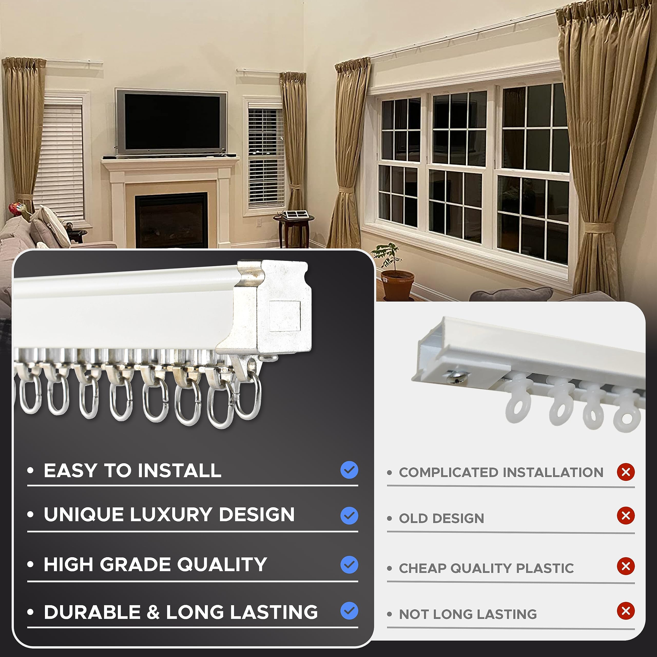 Jos & Haz Ceiling Curtain Track Set - 3ft-6.6ft / 2 Meter - Ceiling Track for Curtains-Room Divider - Curtain Track Ceiling Mount For Living Room Bedroom Drop Ceiling Shower-Ceiling Track System