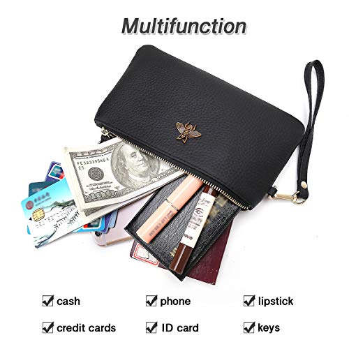 imeetu Women's Wristlet Clutch Purse Leather Cell Phone Wallet Handbag with Wrist Strap (Black)