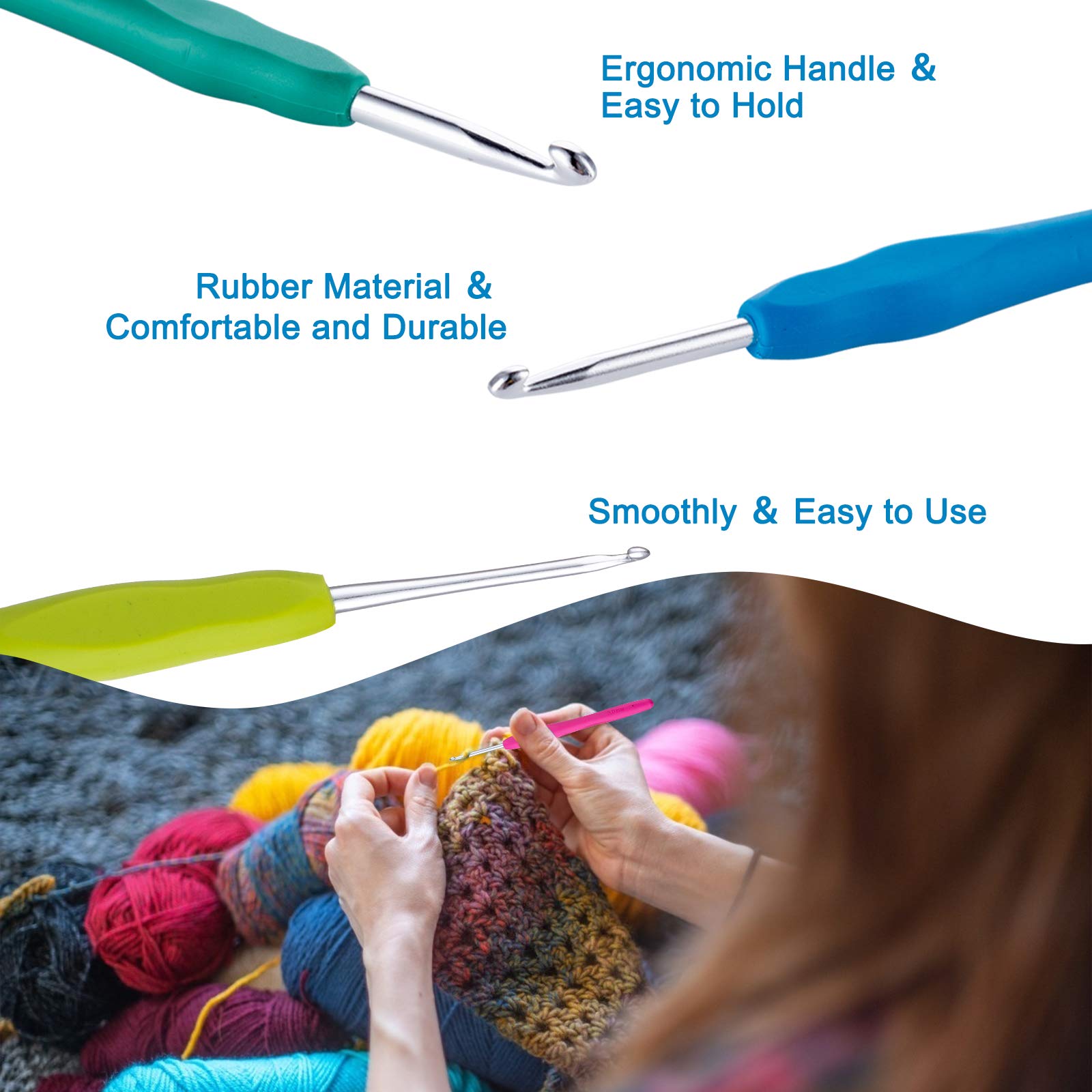 Vodiye 23 PCS Crochet Hooks, Ergonomic Handle Crochet Hooks Set for Arthritic Hands, Comfortable Smooth Crochet Needles Extra Long Knitting Needles with Stitch Markers.