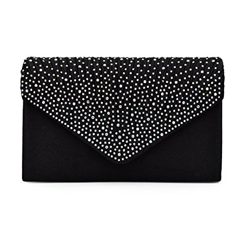 Premium Rainbow Rhinestones Pleated Front Satin Envelope Clutch Evening Bag, Black