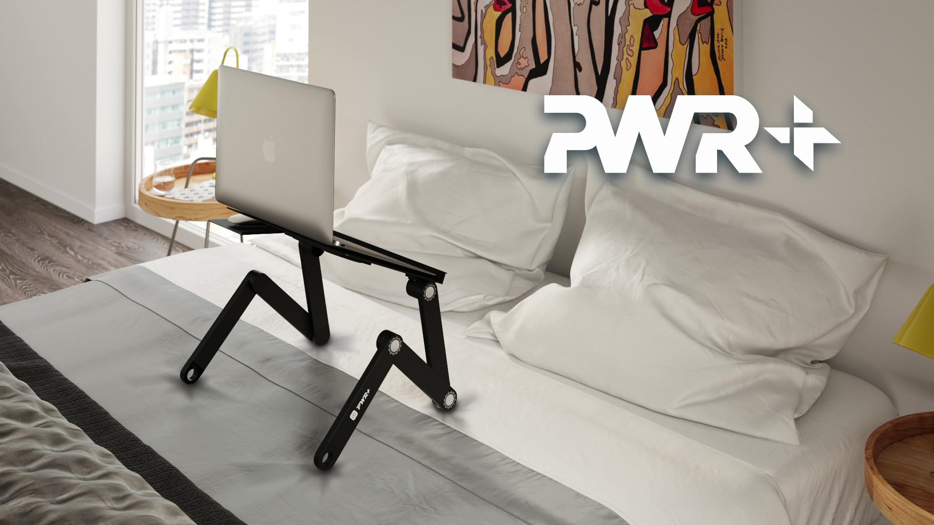 PWR+ Laptop Table Stand Adjustable Riser: Portable with Mouse Pad Fully Ergonomic Mount Ultrabook MacBook Gaming Notebook Light Weight Aluminum Black Bed Tray Desk Book Fans Up to 17 inch