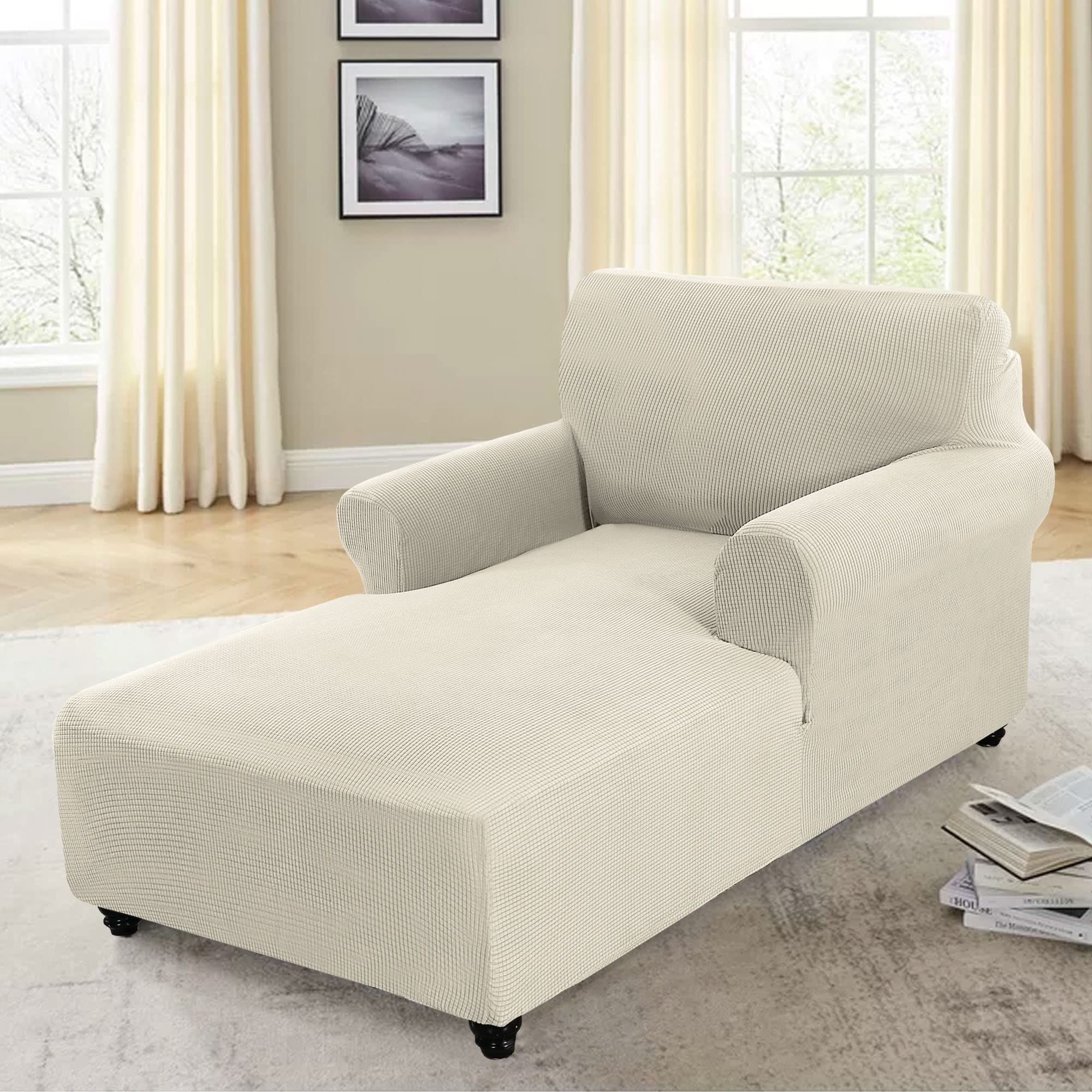 FantasDecor Chaise Lounge Cover Stretch Chair Lattice Slipcover with Armrests for Living Room Bedroom Double Arm Soft Jacquard Fabric Machine Washable, Beige