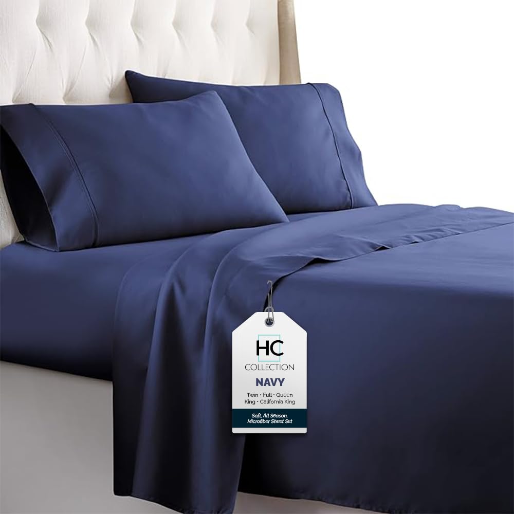 HC COLLECTION Bed Sheets Set California King with 2 Pillowcases Hotel Luxury Brushed Microfiber Sheet w/Deep Pocket, Fade Resistant Ultra Soft Breathable Lightweight 4 Pcs Bedding Solid Color, Navy