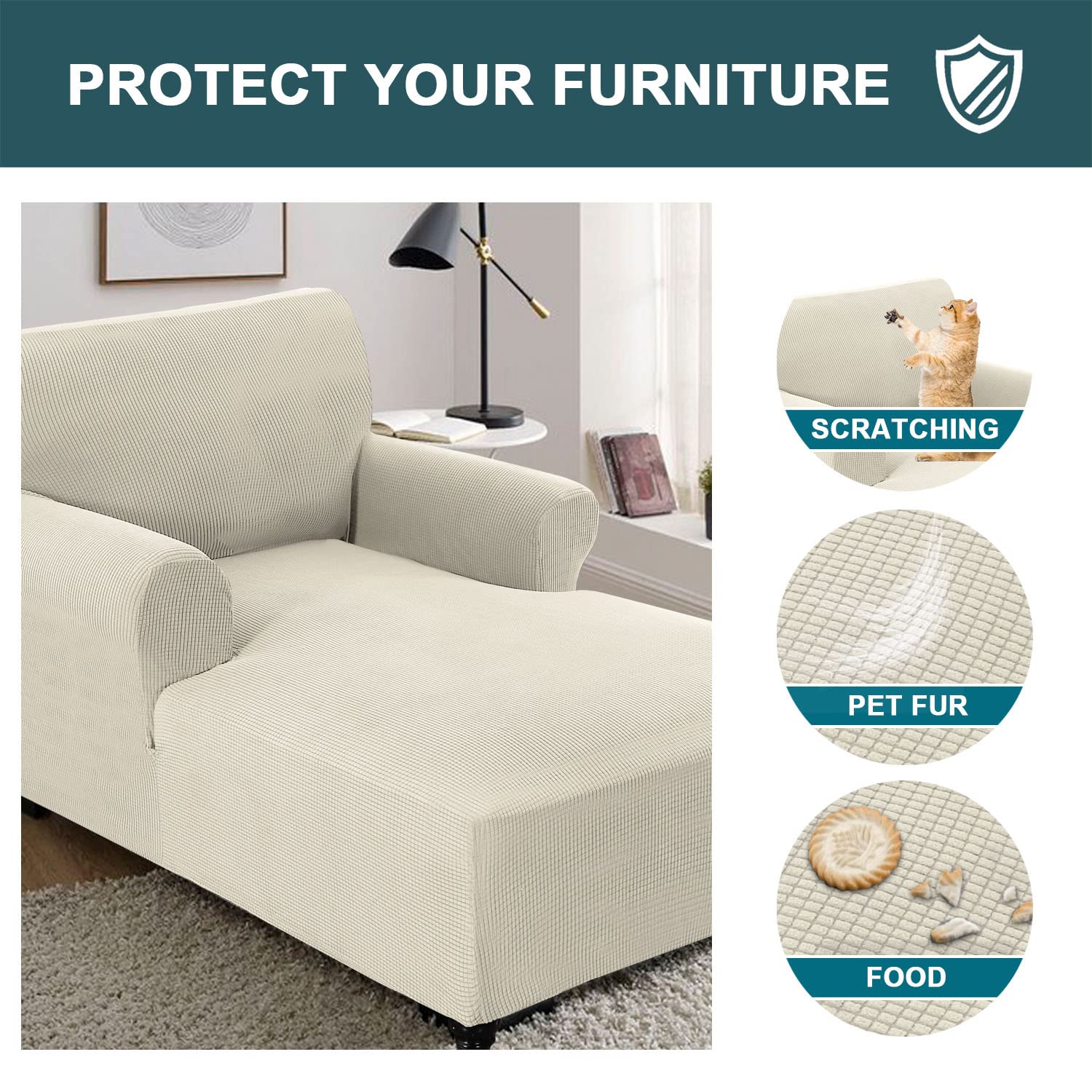 FantasDecor Chaise Lounge Cover Stretch Chair Lattice Slipcover with Armrests for Living Room Bedroom Double Arm Soft Jacquard Fabric Machine Washable, Beige