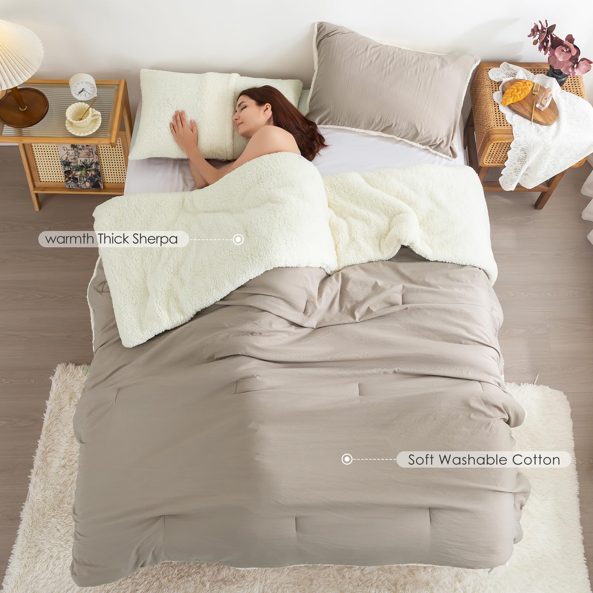 COTTEBED Fluffy Sherpa Warm Winter Comforter King Size Bed, Reversible Plush Fleece Sherpa California King Down Comforter Sets Pillow Sham, Cozy Ultra-Soft Thick Washed Cotton Bedding Set, Beige White
