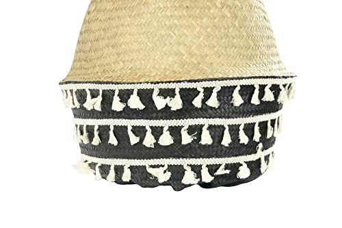 Creative Co-Op Beige & Black Natural Seagrass Collapsible Handles & White Tassels Basket
