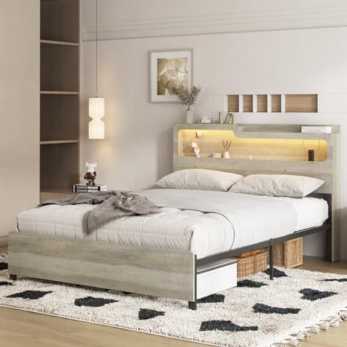 Fameill Full Size Bed Frame with 2-Tier Headboard, Metal Platform Bed Frame RGB Led Lights with Charging Station, No Box Spring Needed, Noise Free