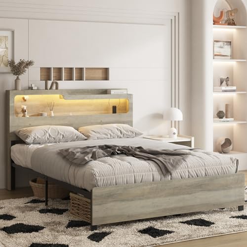 Fameill Full Size Bed Frame with 2-Tier Headboard, Metal Platform Bed Frame RGB Led Lights with Charging Station, No Box Spring Needed, Noise Free