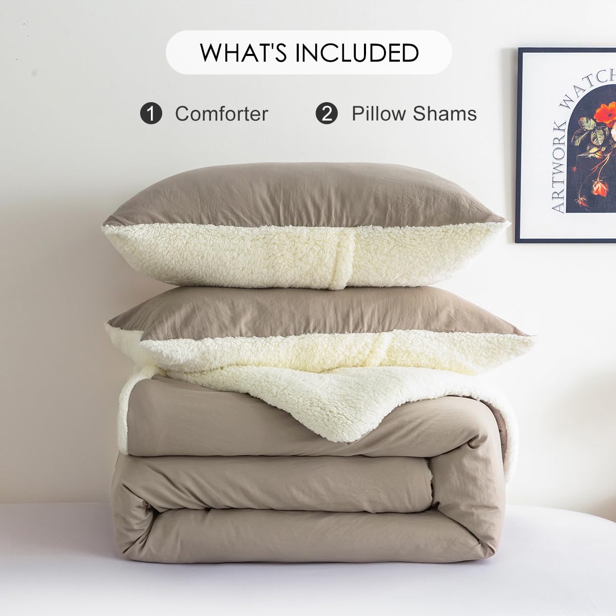 COTTEBED Fluffy Sherpa Warm Winter Comforter King Size Bed, Reversible Plush Fleece Sherpa California King Down Comforter Sets Pillow Sham, Cozy Ultra-Soft Thick Washed Cotton Bedding Set, Beige White