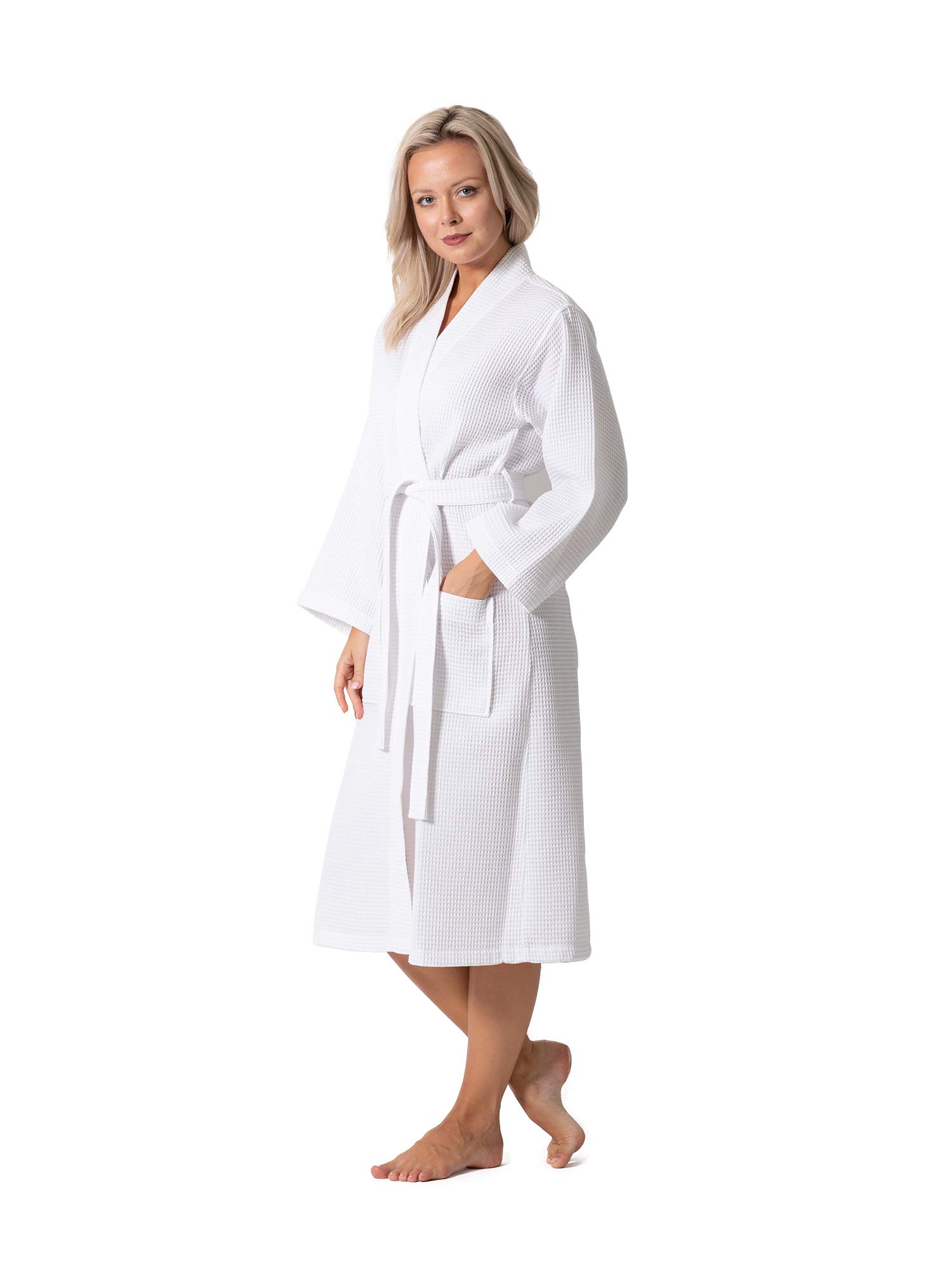 Turkish Linen Waffle Knit Lightweight Kimono Spa & Bath Robes for Women - Quick Dry - Soft (White, Medium)