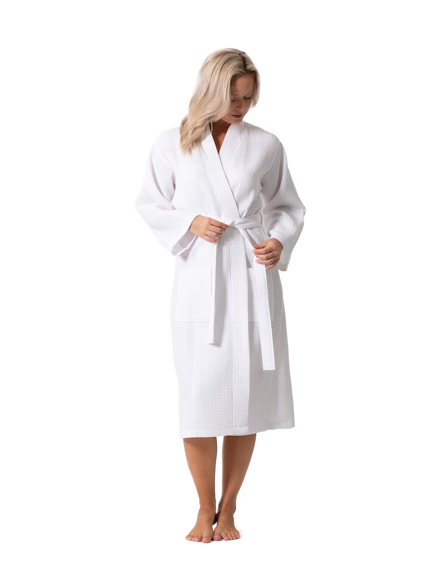 Turkish Linen Waffle Knit Lightweight Kimono Spa & Bath Robes for Women - Quick Dry - Soft (White, Medium)