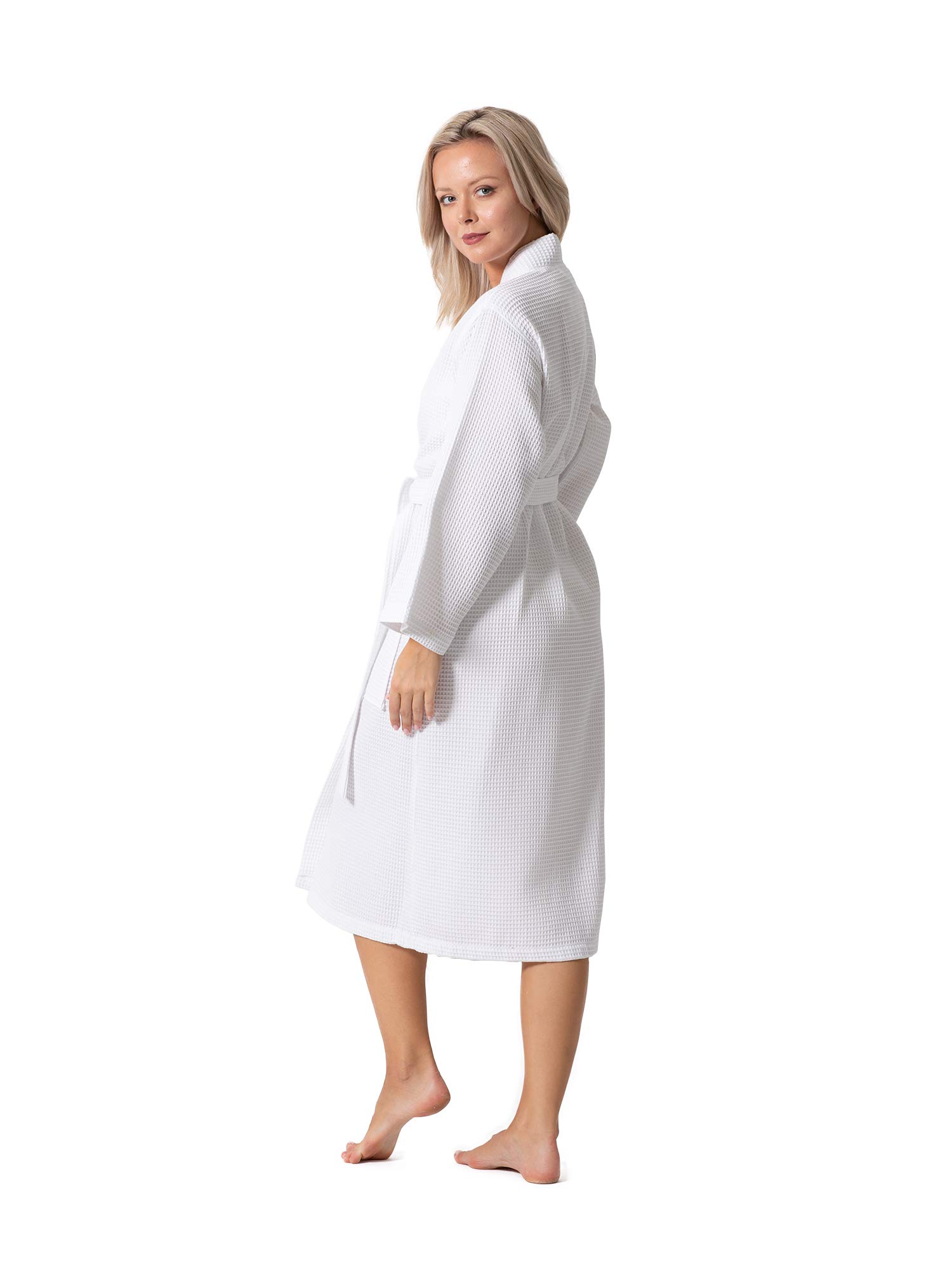 Turkish Linen Waffle Knit Lightweight Kimono Spa & Bath Robes for Women - Quick Dry - Soft (White, Medium)