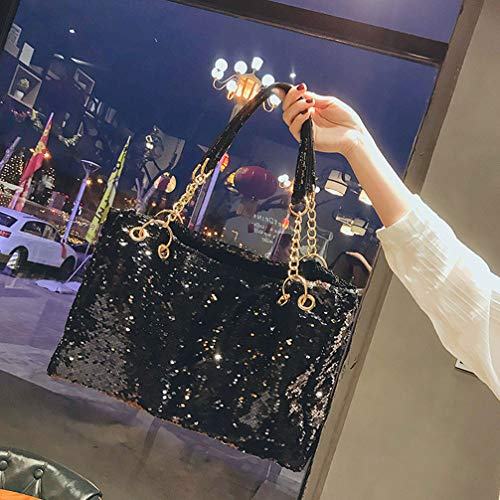 FENICAL Tote Purse Sequin Handbag Zipper Shoulder Bag Glitter Top-handle Bag for Women Ladies Girls - Black