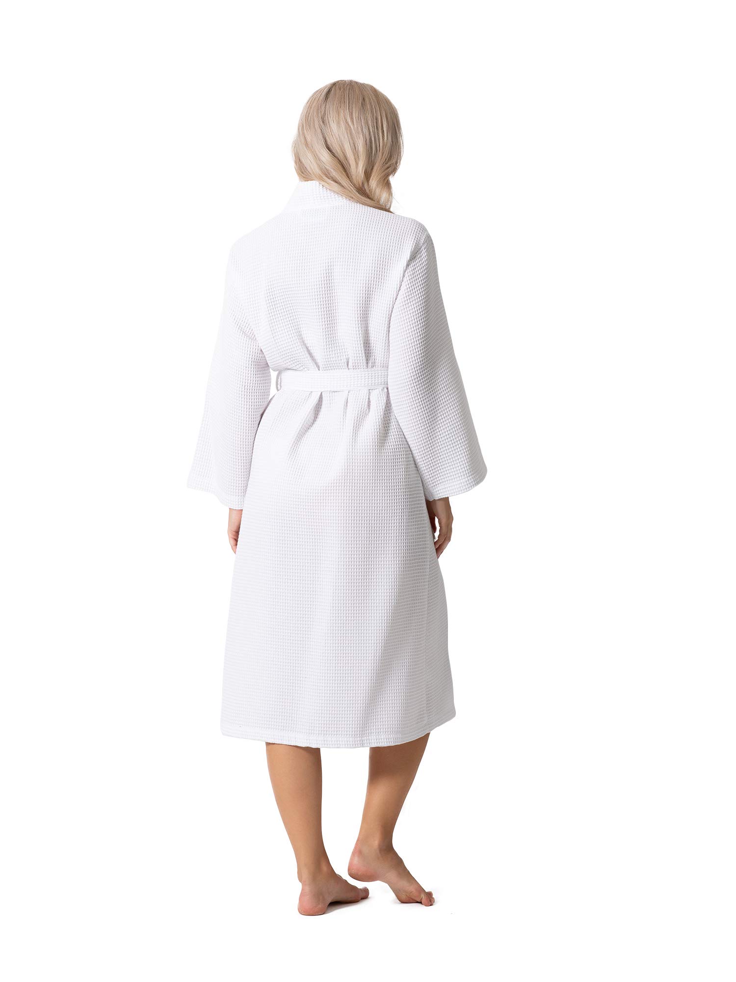 Turkish Linen Waffle Knit Lightweight Kimono Spa & Bath Robes for Women - Quick Dry - Soft (White, Medium)