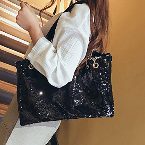 FENICAL Tote Purse Sequin Handbag Zipper Shoulder Bag Glitter Top-handle Bag for Women Ladies Girls - Black