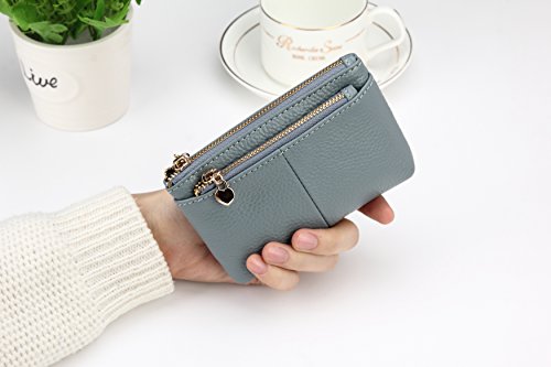 ZOOEASS Coin Purse Women Genuine Leather Zip Mini Purse With Key Ring Triple Zipper Card Holder Wallet (Blue)