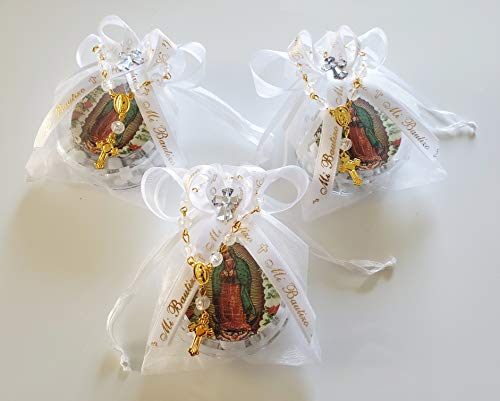 Vela para Bautizo con Caja de Madera con 12 Organzas de Recuerdos con Rosarios Biblia en Espanol