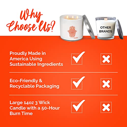 Moroccan Amber Scented Candles with 3 Wicks, Hand-Poured Aromatherapy Candle, Aesthetic Candles with Hamsa Design, Large Candle Made of Palm Wax, 50-Hour Burn Time, 14oz - OneSoul Collection