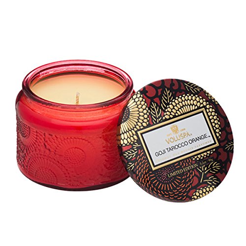 Voluspa Goji Tarocco Orange Candle | Petite Embossed Glass Jar | 3.2 Oz. | 25 Hr Burn Time | Vegan | Coconut Wax | Natural Wicks