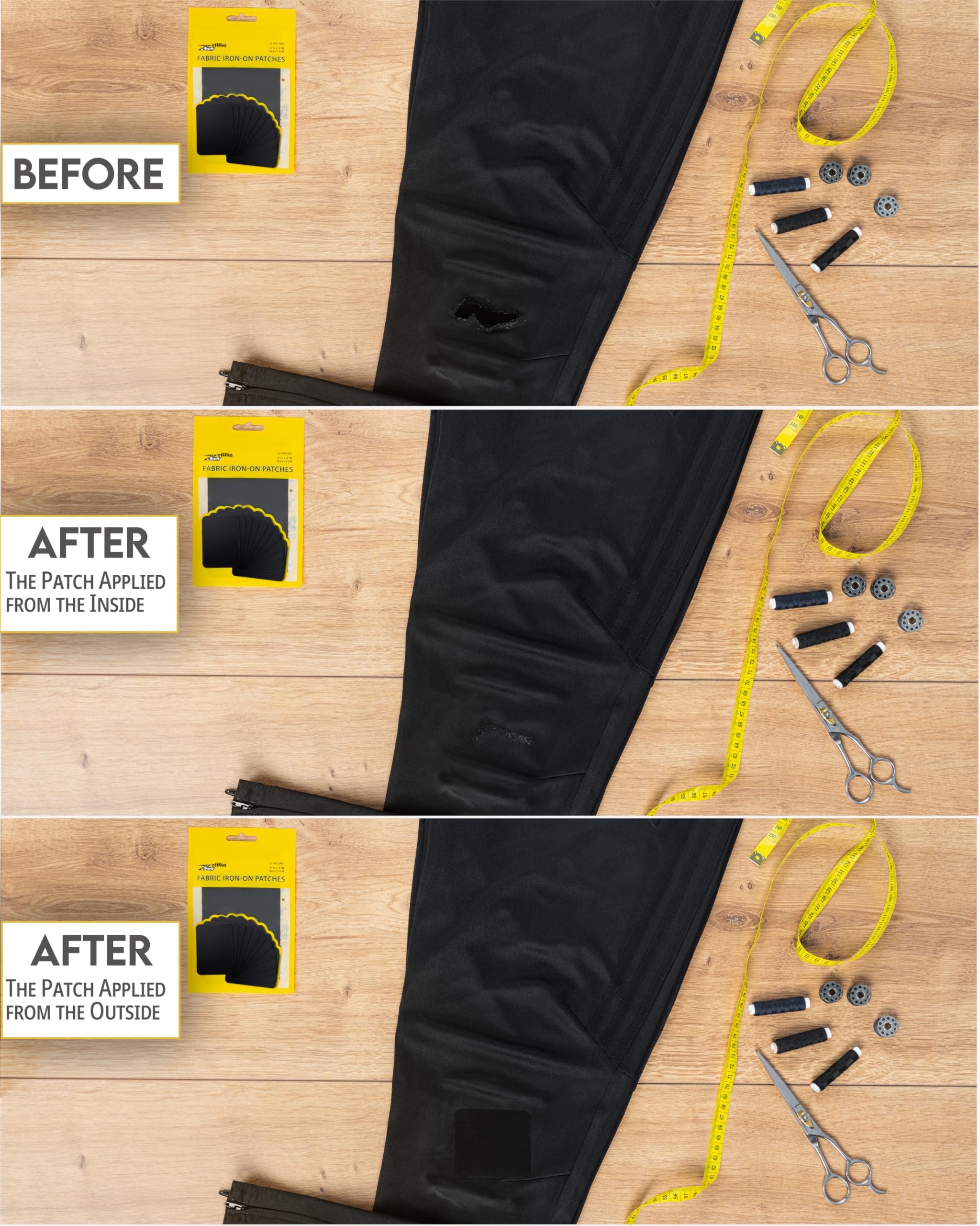 ZEFFFKA Premium Quality Fabric Iron-on Patches Inside & Outside Strongest Glue 100% Cotton Black Repair Decorating Kit 12 Pieces Size 3" by 4-1/4" (7.5 cm x 10.5 cm)