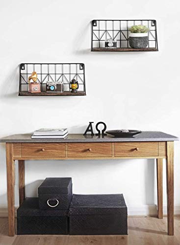 Mkono Floating Shelves Wall Mounted Set of 2 Rustic Wood Storage Display Shelf with Metal Wire Basket 11.5 Inches, Hanging Shelf for Bedroom Bathroom Living Room Kitchen Office, Brown,Small
