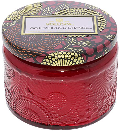 Voluspa Goji Tarocco Orange Candle | Petite Embossed Glass Jar | 3.2 Oz. | 25 Hr Burn Time | Vegan | Coconut Wax | Natural Wicks