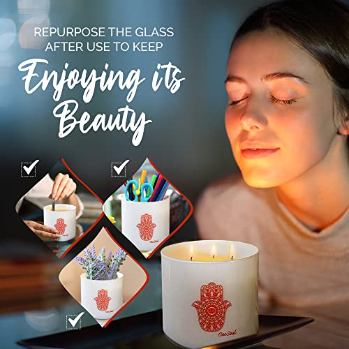 Moroccan Amber Scented Candles with 3 Wicks, Hand-Poured Aromatherapy Candle, Aesthetic Candles with Hamsa Design, Large Candle Made of Palm Wax, 50-Hour Burn Time, 14oz - OneSoul Collection