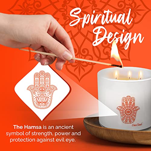 Moroccan Amber Scented Candles with 3 Wicks, Hand-Poured Aromatherapy Candle, Aesthetic Candles with Hamsa Design, Large Candle Made of Palm Wax, 50-Hour Burn Time, 14oz - OneSoul Collection