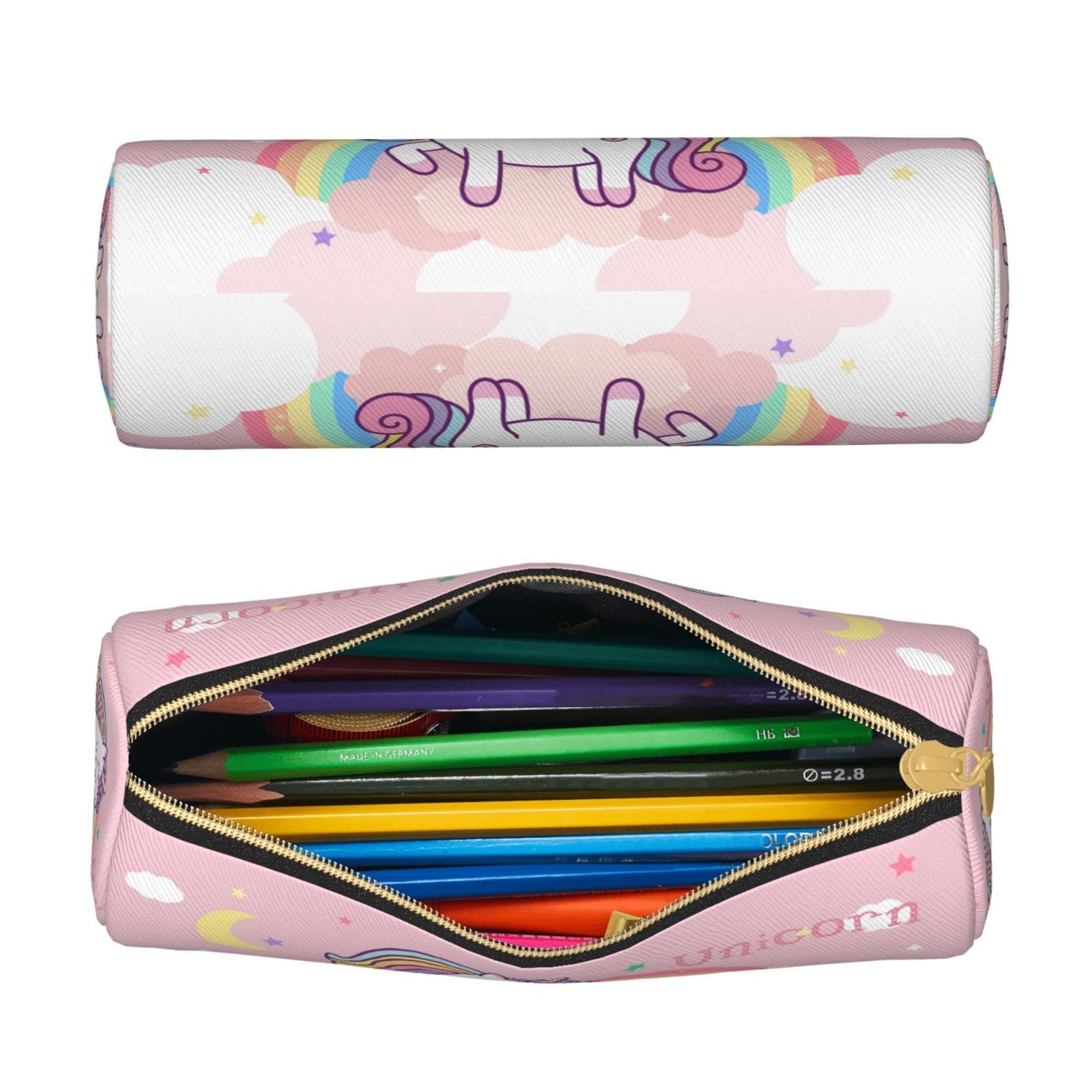 Unicorn Pencil Case Round Pink Zipper Pencil Pouch Rainbow Round Pen Bag for Women Girls