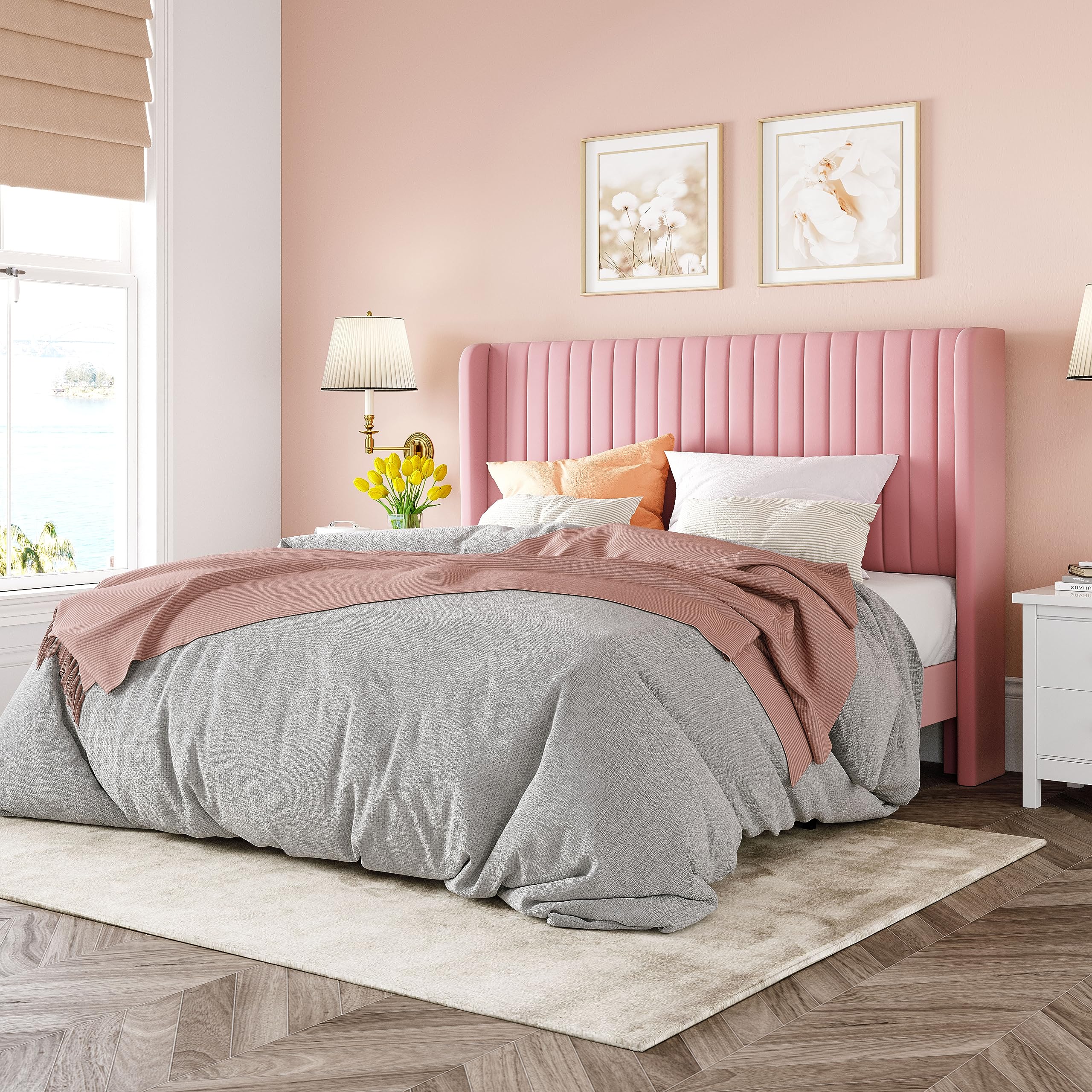Allewie Full Size Velvet Bed Frame/Vertical Channel Tufted Wingback Headboard/Upholstered Platform Bed/Strong Wooden Slats/No Box Spring Needed/Easy Assembly/Pink