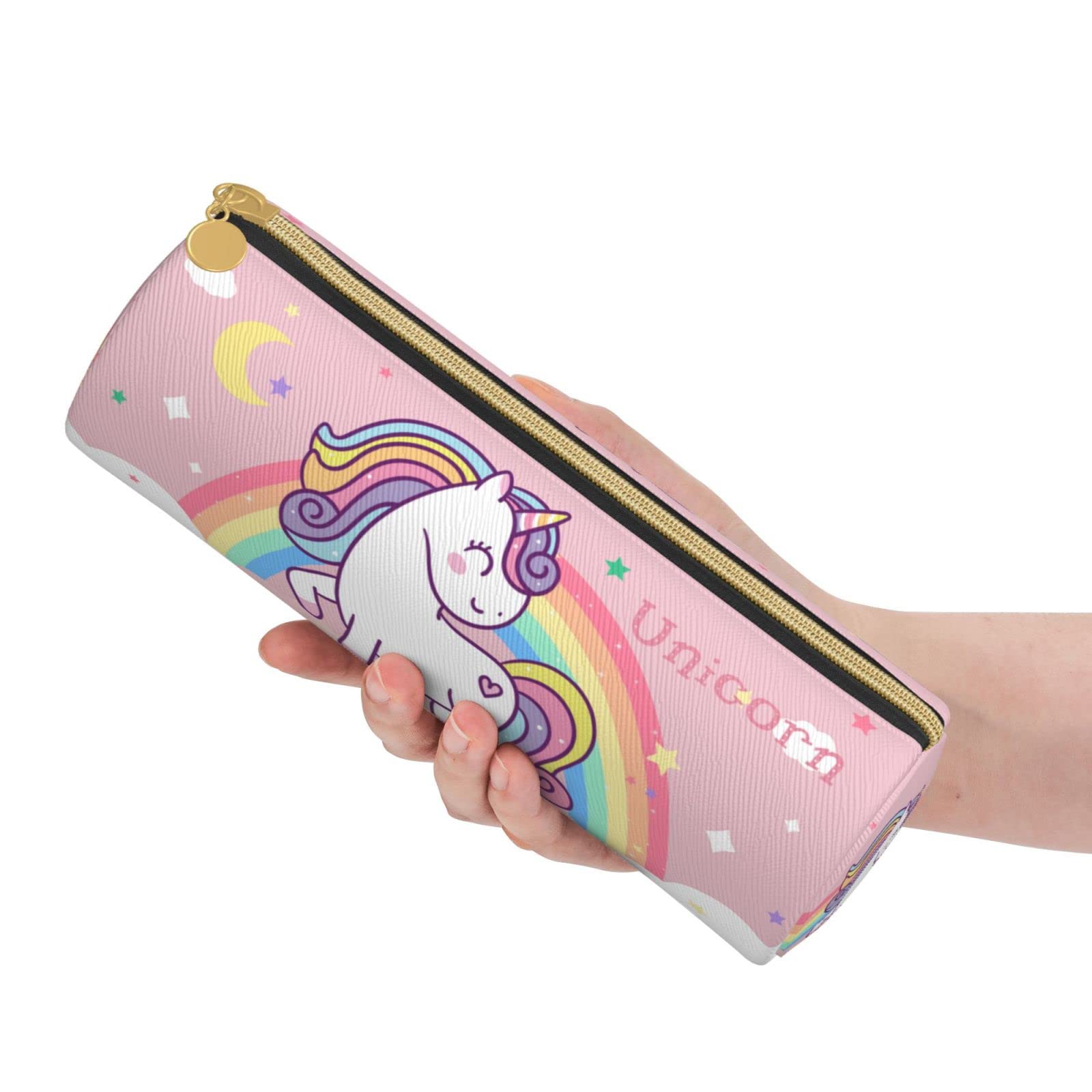 Unicorn Pencil Case Round Pink Zipper Pencil Pouch Rainbow Round Pen Bag for Women Girls