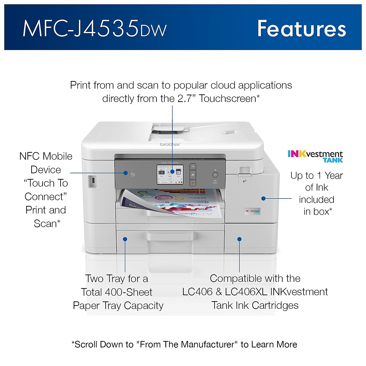 Brother INKvestment Tank MFC-J4535DW Wireless Color All-in-One Inkjet Printer - Print Copy Scan Fax - 2.7" Touchscreen, 20 ppm, 4800 x 1200 dpi, 8.5" x 14", Auto Duplex Print, 20-Sheet ADF