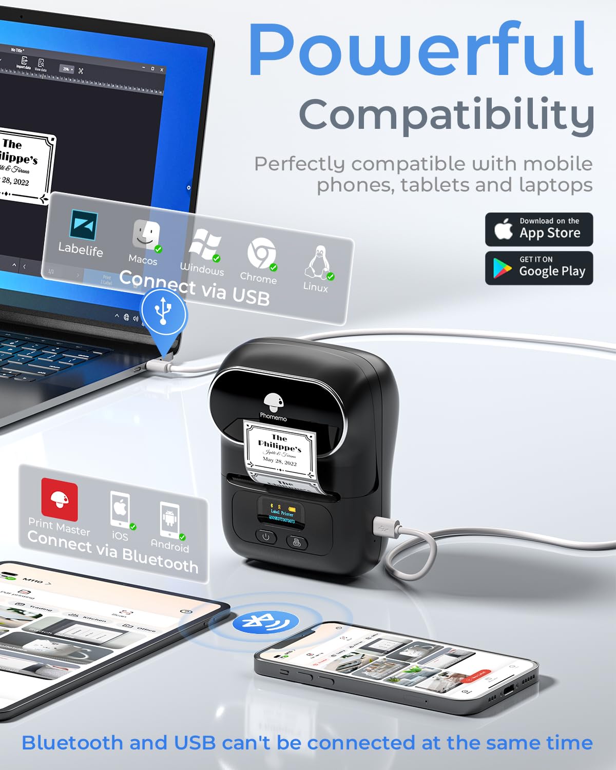 Phomemo M110 Label Makers - Portable Bluetooth Thermal Label Maker Printer for Barcode, Clothing, Jewelry, Retail, Mailing, Compatible with Android & iOS System, with 1pack 40×30mm Label, Black