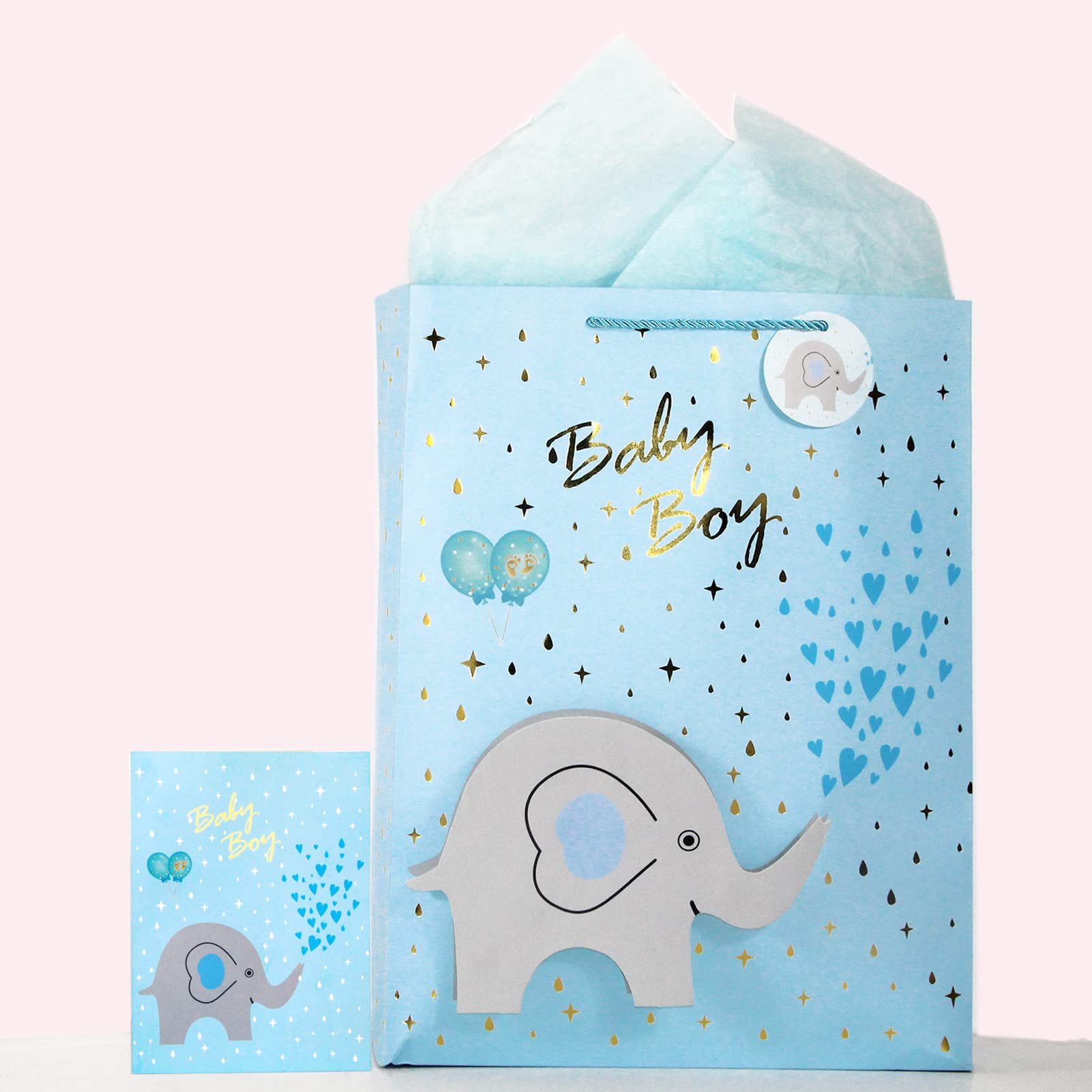 CUTERUI GIFTED 16.5" Extra Large Boy Gift Bags with 3D Elephant Patch for Baby Shower with Tissue Paper and Greeting Card (Blue Baby boy)