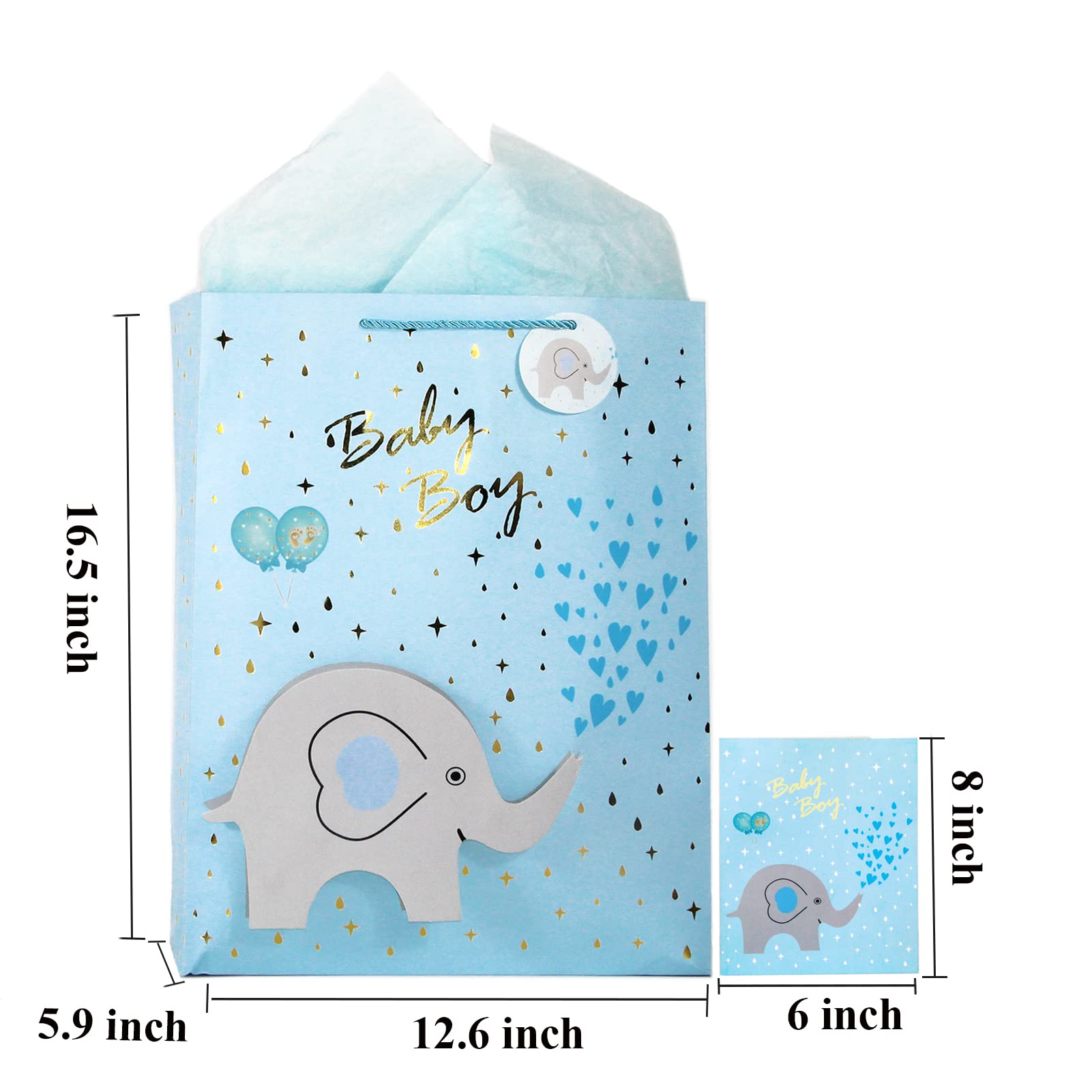 CUTERUI GIFTED 16.5" Extra Large Boy Gift Bags with 3D Elephant Patch for Baby Shower with Tissue Paper and Greeting Card (Blue Baby boy)