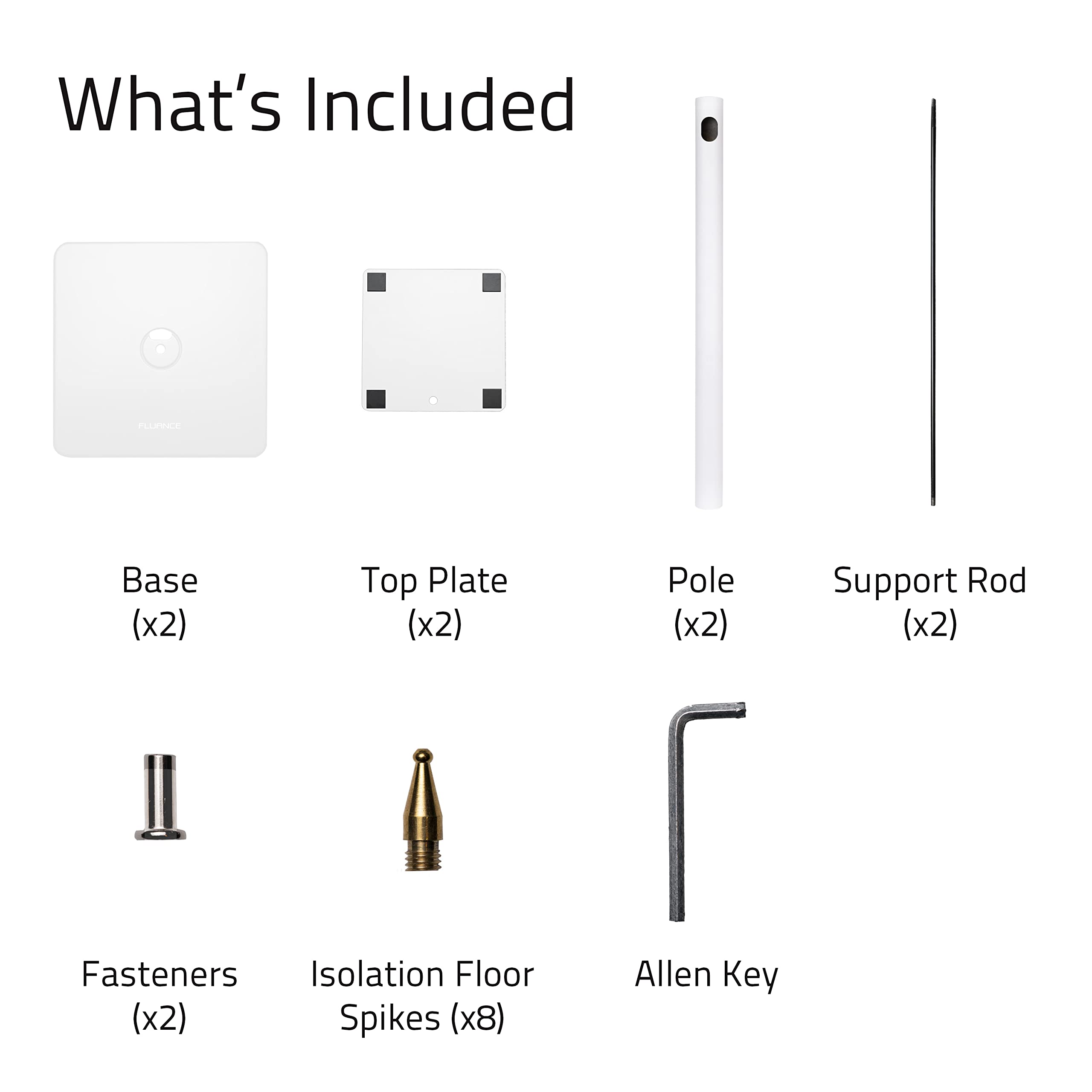 Fluance Floor Speaker Stands for Surround Sound and Bookshelf Speakers with Solid Construction, Adjustable Floor Spikes, Rubber Isolation Feet, Cable Management, Square Base - Matte White/Pair SS05SWH