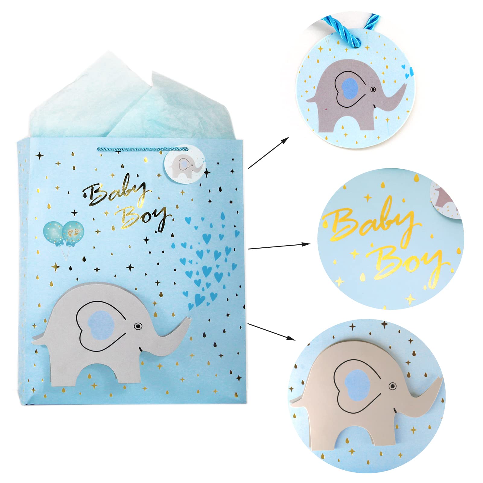 CUTERUI GIFTED 16.5" Extra Large Boy Gift Bags with 3D Elephant Patch for Baby Shower with Tissue Paper and Greeting Card (Blue Baby boy)