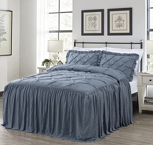 Chezmoi Collection Aria 3-Piece Pinch Pleat Pintuck Ruffle Skirt Bedspread Set - French Country Chic Farmhouse - California King, Dusty Blue