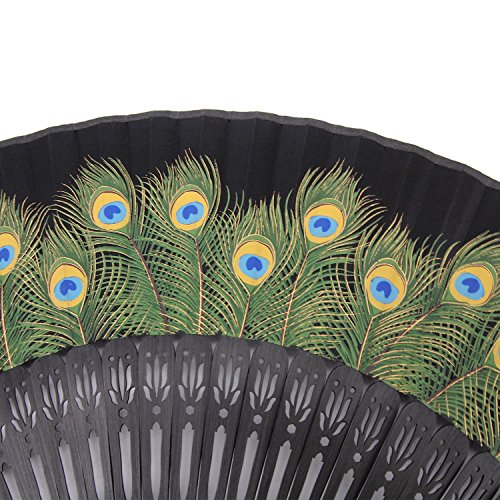Innolife Peacock Chinese/Japanese Hand Folding Fan Bamboo Carved Frame Silk Craft Fan (Black)