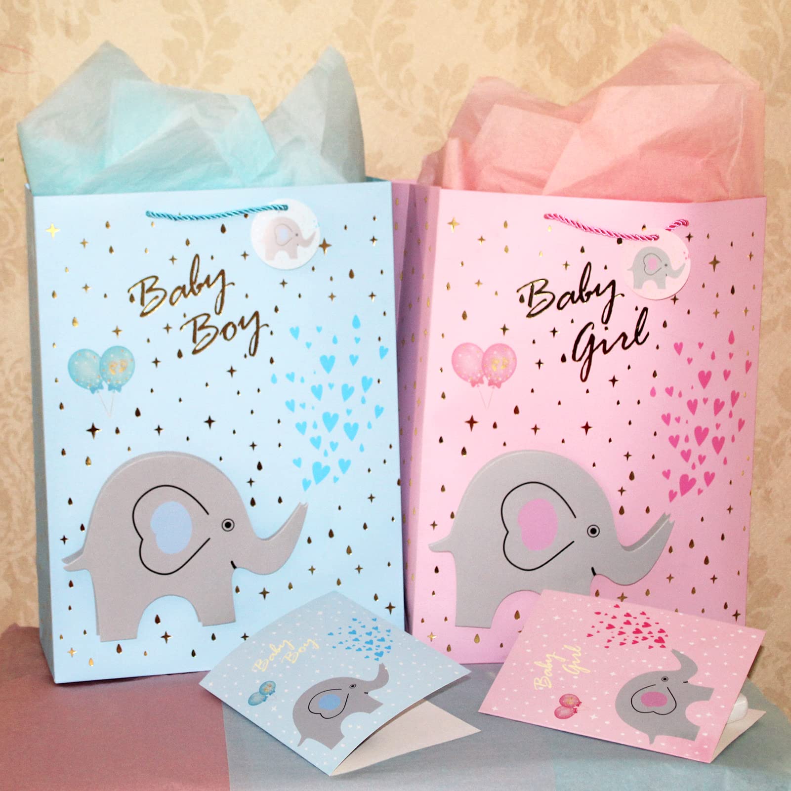 CUTERUI GIFTED 16.5" Extra Large Boy Gift Bags with 3D Elephant Patch for Baby Shower with Tissue Paper and Greeting Card (Blue Baby boy)