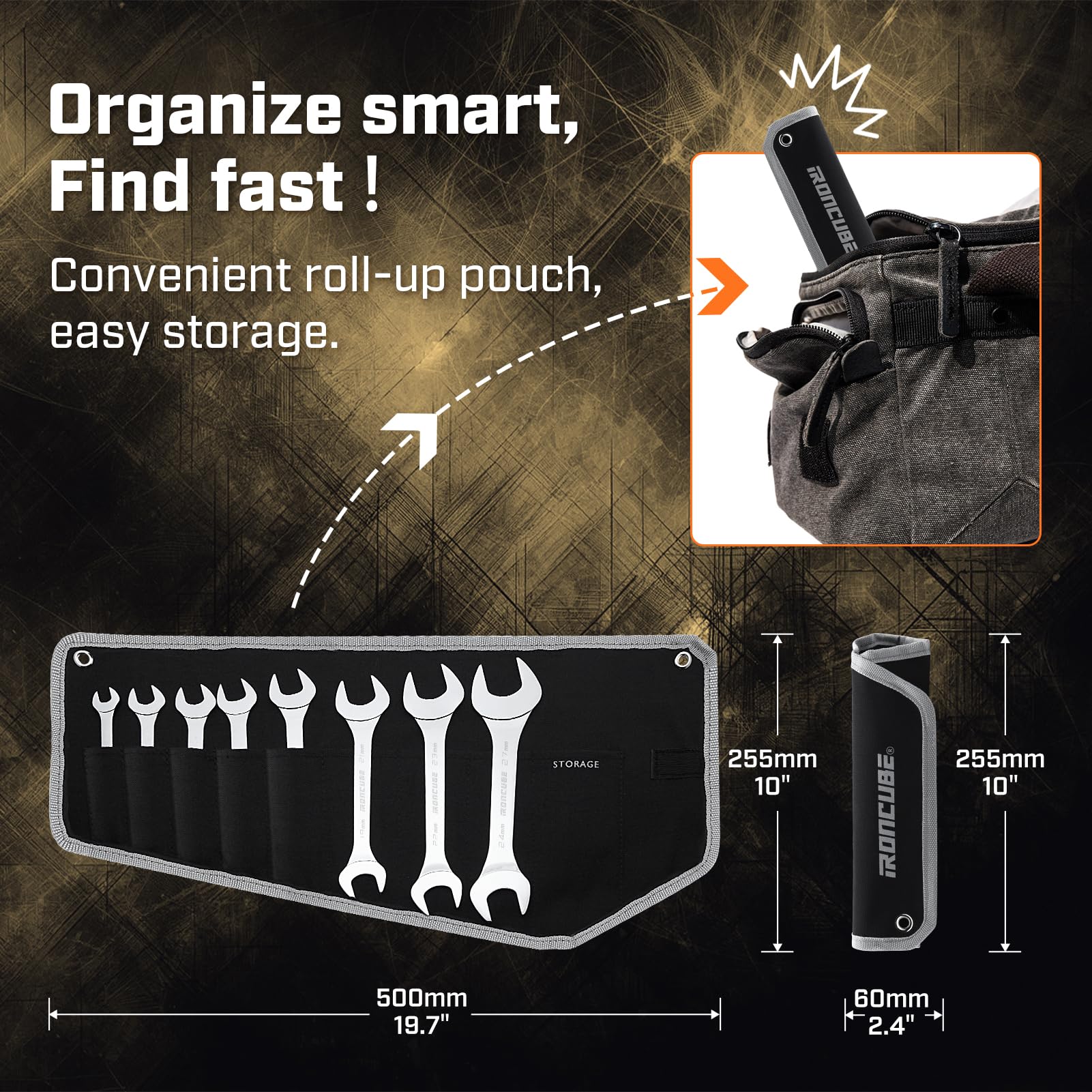 ironcube Super Thin Wrench Set,8-Piece, Metric, Including 8 to 27 mm, Open end Slim Wrench Set With Rolling Pouch, Perfect For Auto, Bike in Narrow Space Use