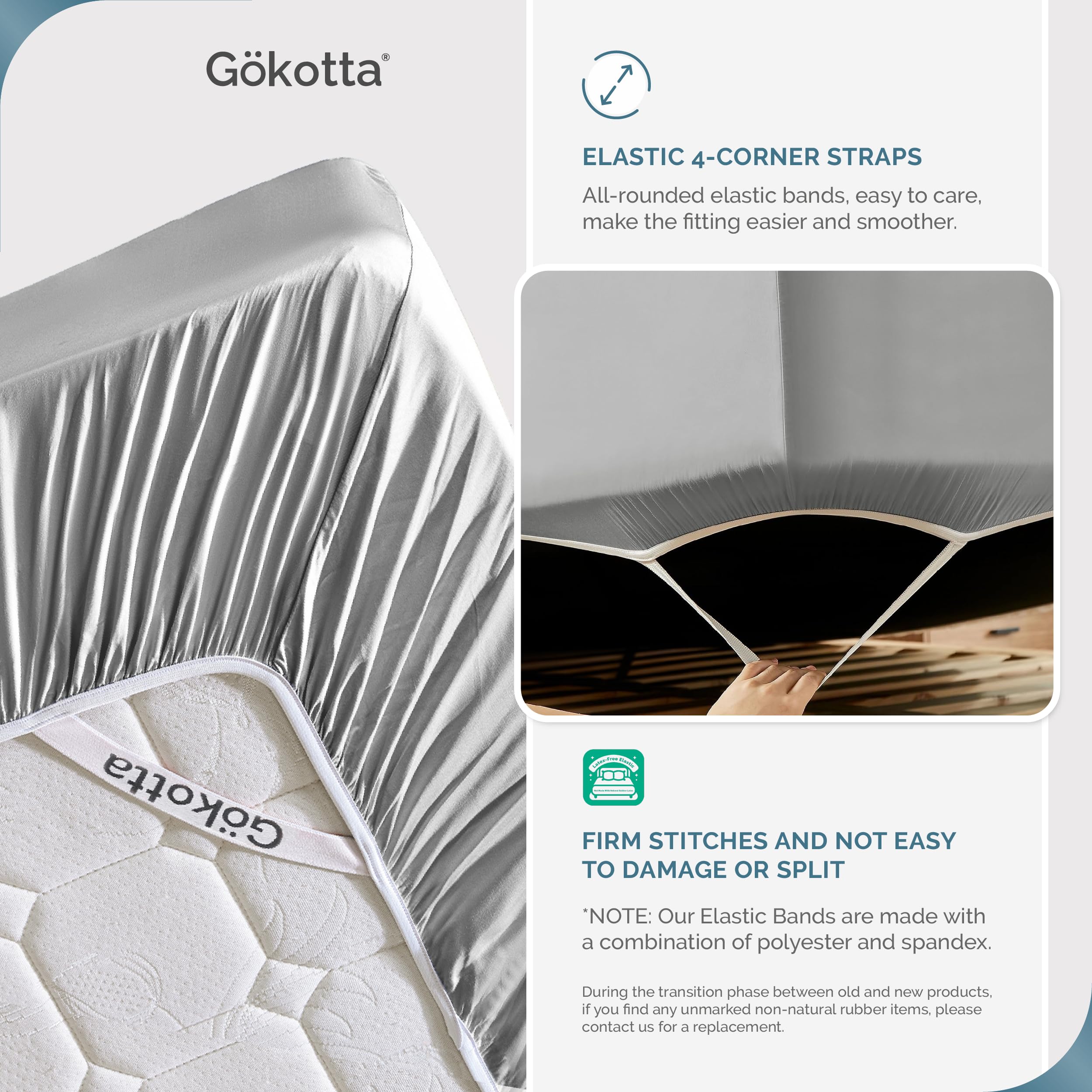 GOKOTTA Fitted Sheet Only - 16 Inch Pocket Bamboo Rayon Fitted Sheet, Super Soft and Cooling Bottom Sheet with 4 Elastic Corner Straps(Grey, California King)