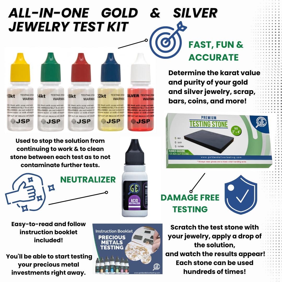 Gold Silver Jewelry Tester Appraisal Kit 10K 14K 18K 22K 24K Test Precious Metals 999 925 Scrap
