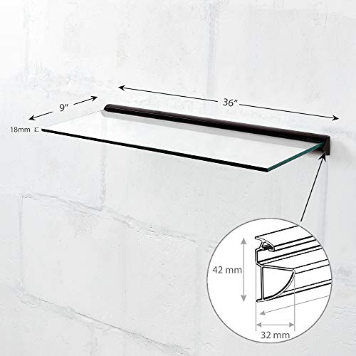 Deco Window 36" X 9" Tempered Glass Shelf for Wall Floating Shelves 8mm Thick Bathroom Storage Organizer with Concealed Mount (Black)